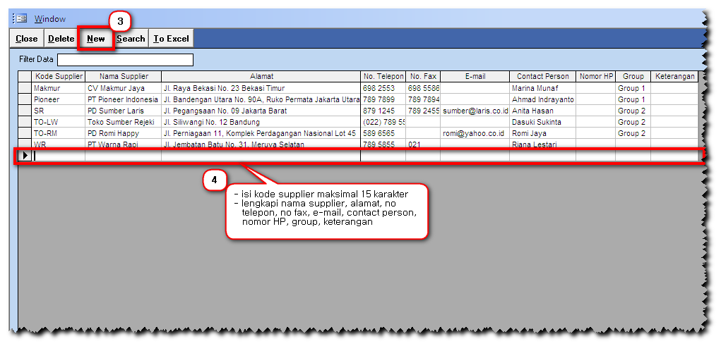 3.Untuk menyimpan data supplier yang sudah di input klik tombol New